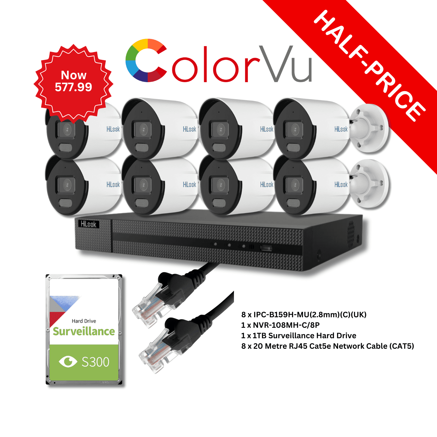 5MP Hilook by Hikvision PoE IP CCTV Kit 8 IPC-B159H-MU 2 8mm C UK NVR-108MH-C/8P KIT-8007