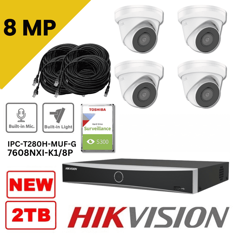 8MP Built-in Mic 4 White Camera Kit - Hikvision 12MP DS-7608NXI-K1/8P ...