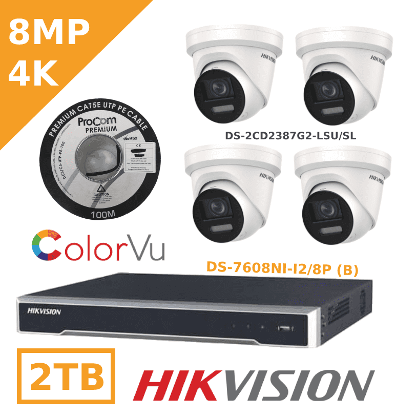 8MP Hikvision ColorVu POE IP CCTV Kit 4 DS-2CD2387G2-LSU/SL 2 8mm DS-7608NXI-K1/8P Kit-4014