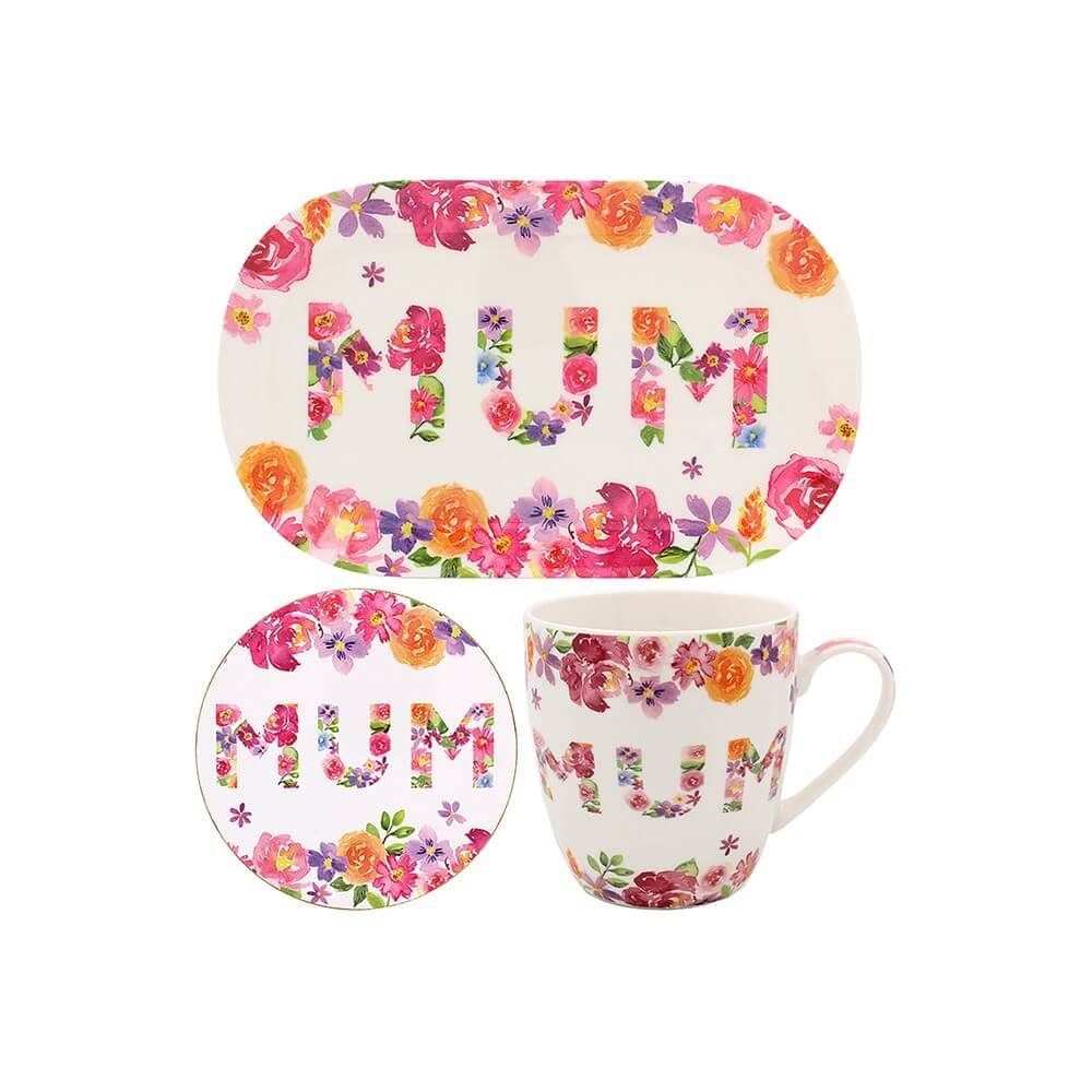 Mum Floral Garland Fine China Mug Coaster & Tray Set by Artist Jennifer ...