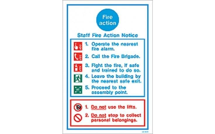 Staff Fire action notice sign 300 x 200mm