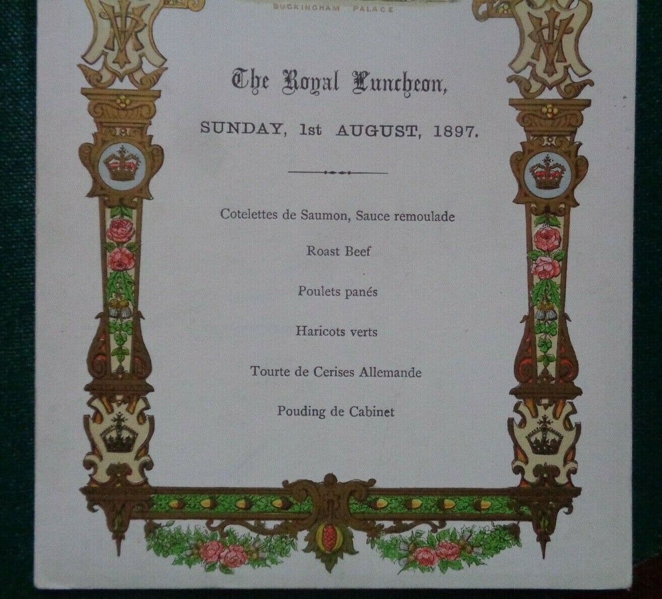 Antique Royal Luncheon Menu for Queen Victoria at Buckingham Palace 1897