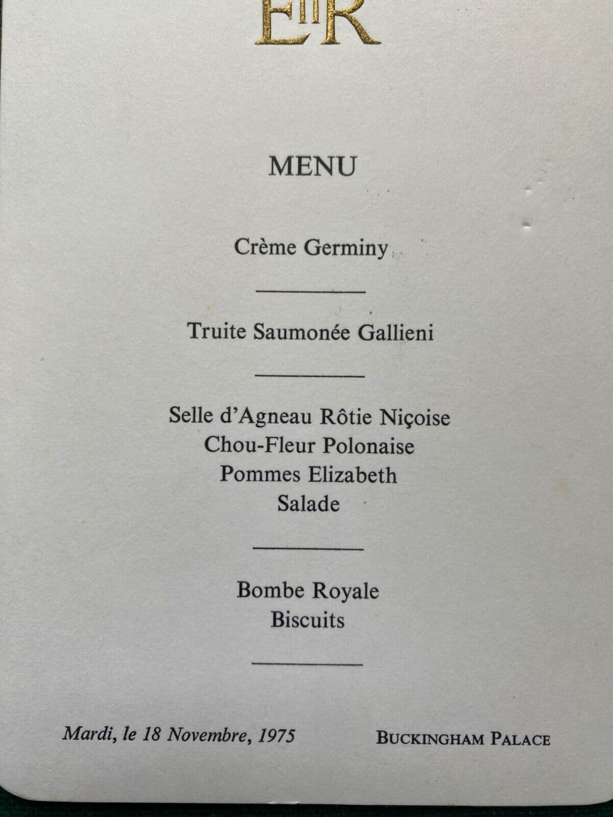 Antique Royal Menu in French for Queen Elizabeth II Buckingham Palace ...