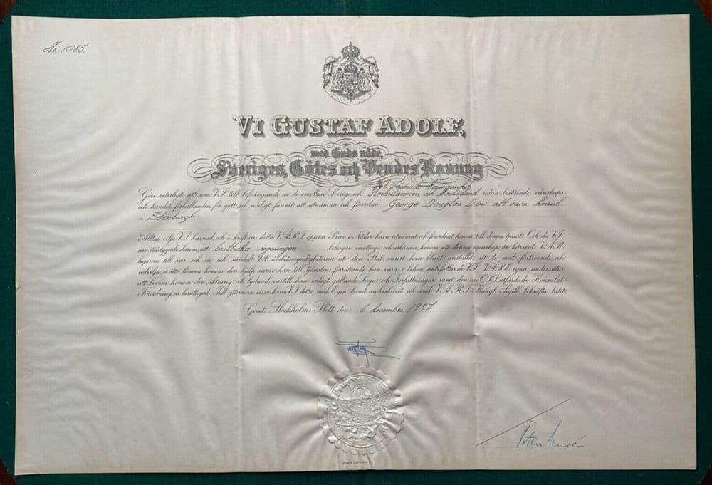 Antique Sweden Royal Document Signed King Gustav Adolf VI Bernadotte Consul
