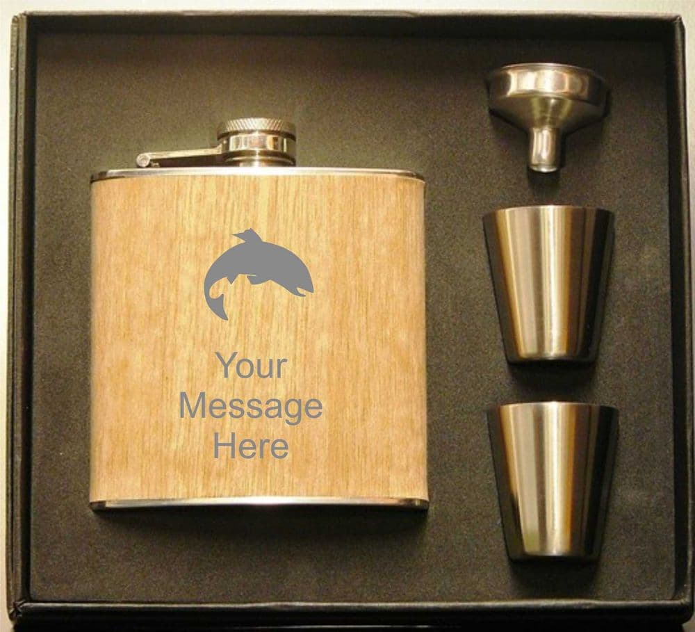 Personalised Engraved Leaping Salmon Wooden Hip Flask Set
