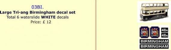 03BI Large Tri-ang Triang ROUTEMASTER Bus " BIRMINGHAM " White decal set