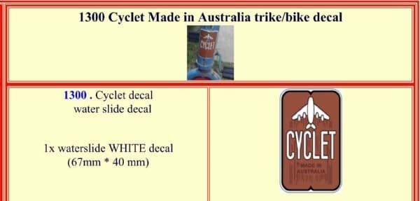 1300 Cyclet Made in Australia Trike / Bike decal