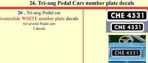 26 Tri-ang Pedal Cars number plate decals