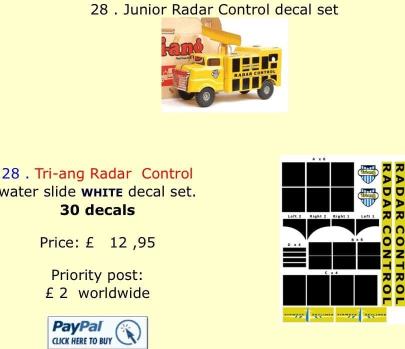 28 Tri-ang Junior Radar Control decal set
