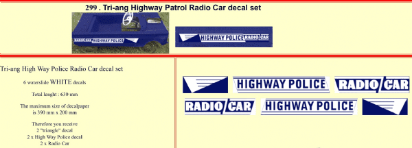 299 Tri-ang Highway Patrol Radio Car decal set