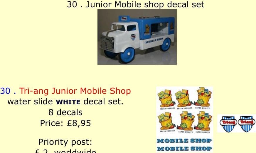 30 Tri-ang Junior Mobile shop decal set