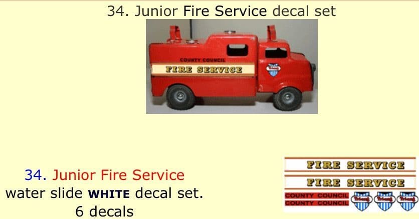 34 Tri-ang Junior Fire Service decal set