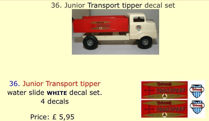 36 Tri-ang Junior Transport tipper decal set