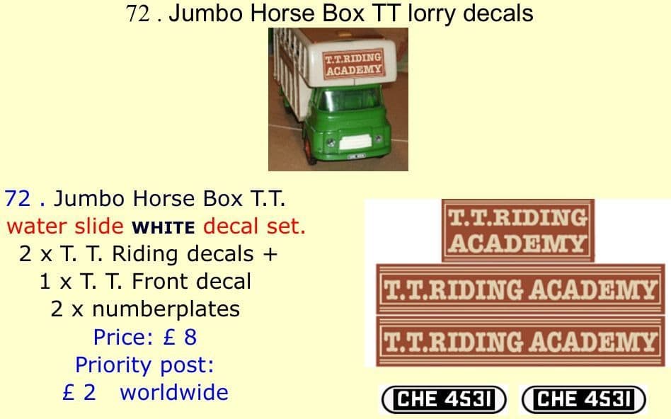 72 Tri-ang Jumbo Horse Box TT lorry decals