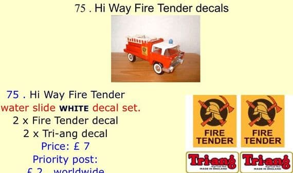 75 Tri-ang Hi Way Fire Tender decals