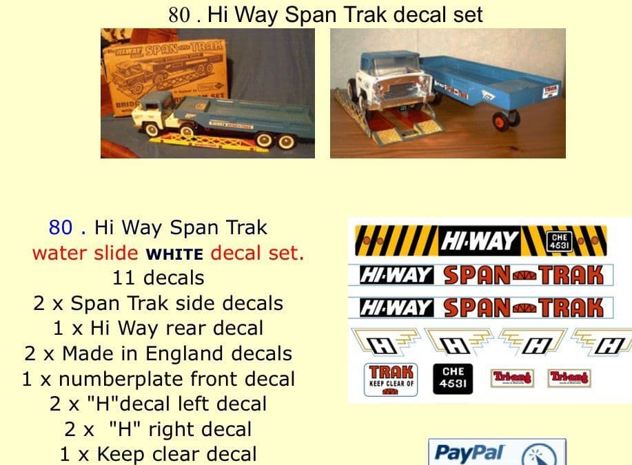 80 Tri-ang Hi Way Span Trak decal set