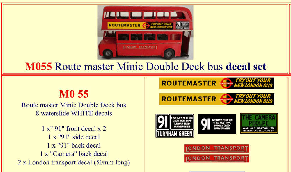 M055 Tri-ang Triang Minic Routemaster Double Decker bus decal set