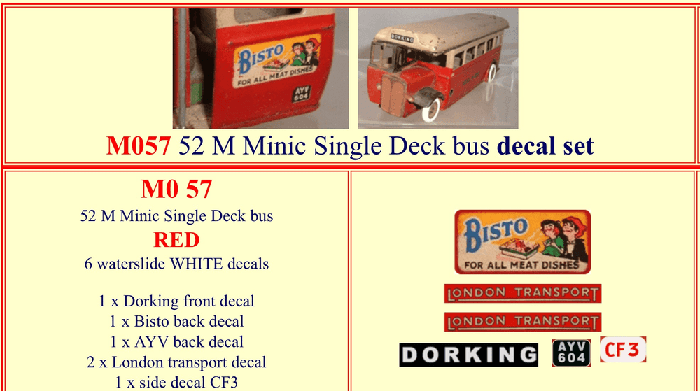 M057 52M Tri-ang Triang Minic Single Deck bus RED decal set