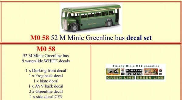 M058 52M Tri-ang Triang Minic Single Deck bus GREENLINE decal set