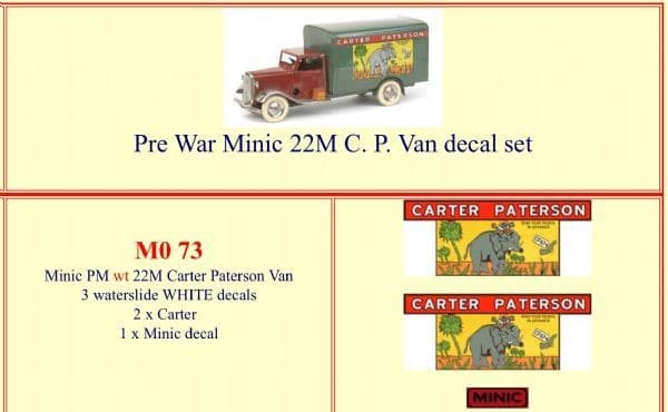 M073 Tri-ang Triang Minic 22M Pre-War " CARTER PATERSON " Van decal set