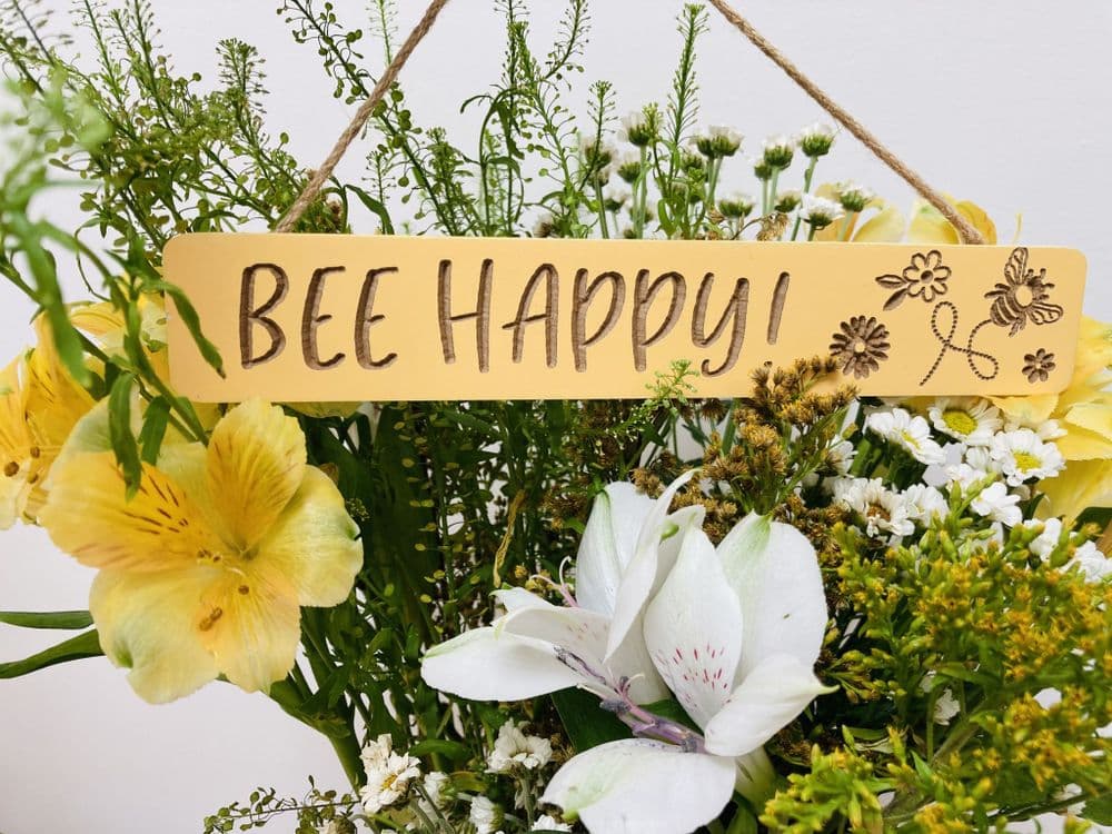 Bee Happy Yellow Wooden Hanging Sign