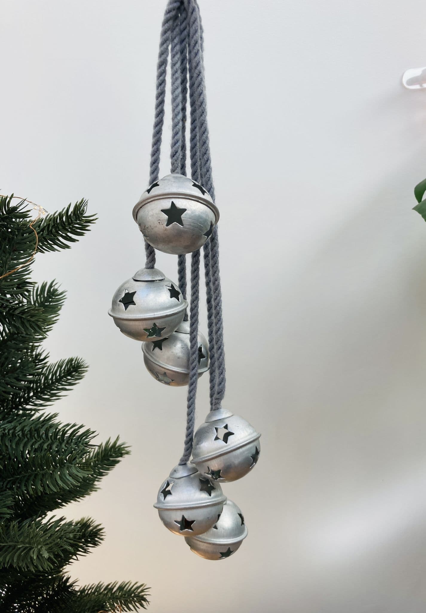 Brushed Silver 6 Jingle Bell Cluster on Rope Hanger