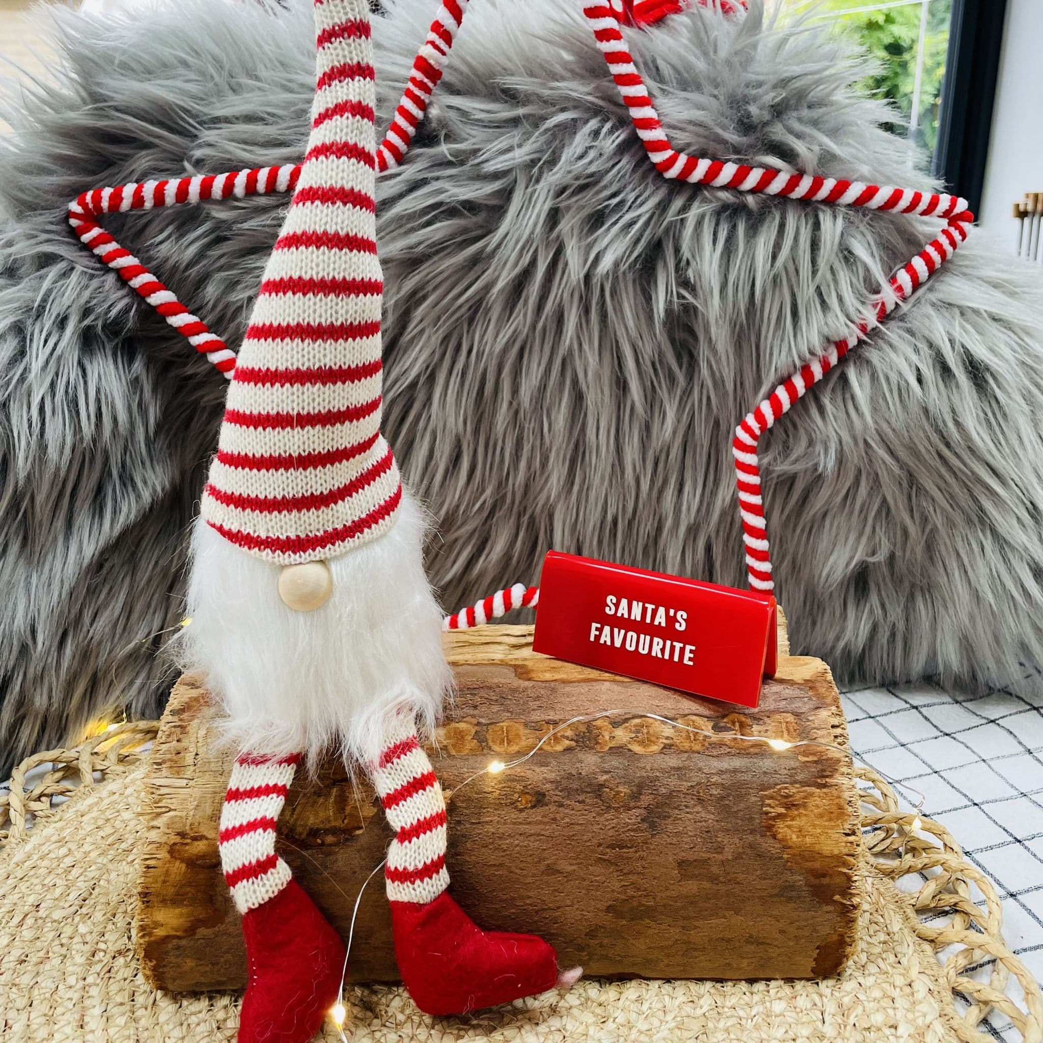 White and Red Knitted/Felt Gonk with Dangly Legs