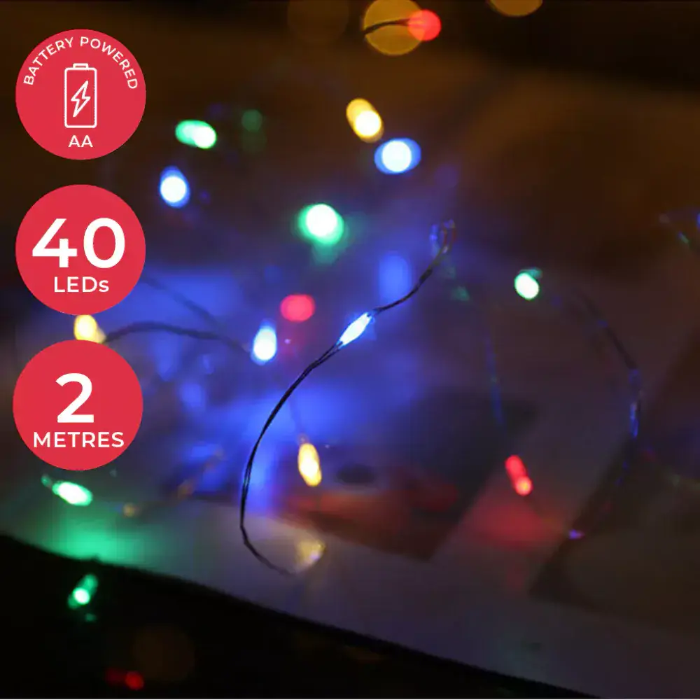 Multicolour 40 LED Fairy Lights - 2 metre - Batteries | Dannells