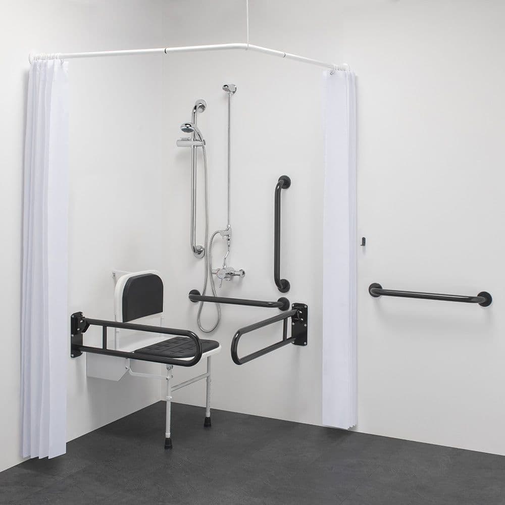Budget DOC M Disabled Shower Room Pack With Exposed Valves & Curtains - Grey