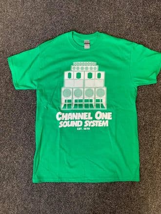 Channel One T-Shirt Speaker Stack Logo - Gildan Cotton Green/ White ...