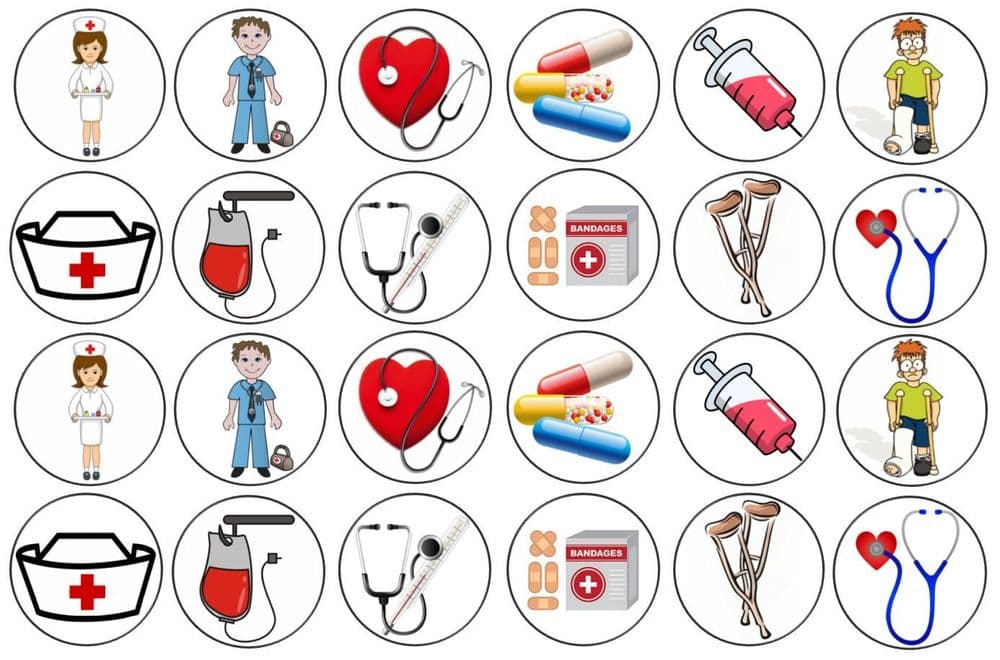 48 Hospital Themed Edible Rice Paper Toppers 3cm x 3cm