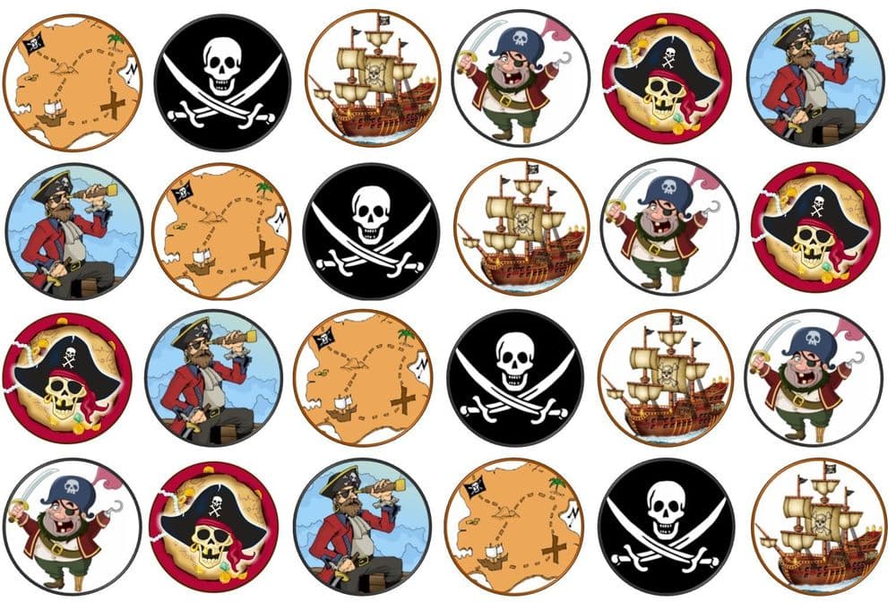 48 Pirates Themed Edible Rice Paper Toppers 3cm x 3cm