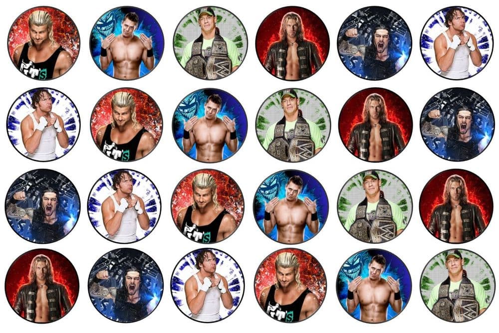 48 WWE Themed Edible Rice Paper Toppers 3cm x 3cm