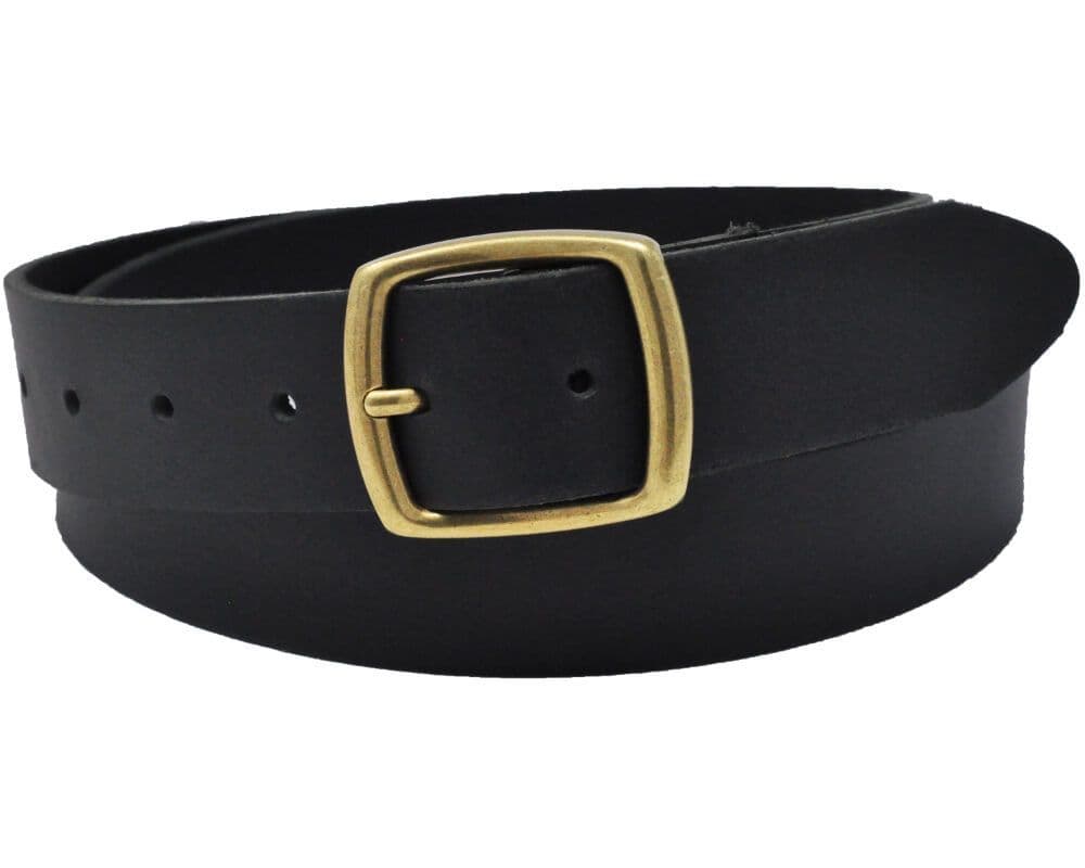 35mm Real Full Grain Leather Belt with Brass Colour Full Buckle Black Medium 32 36 waist