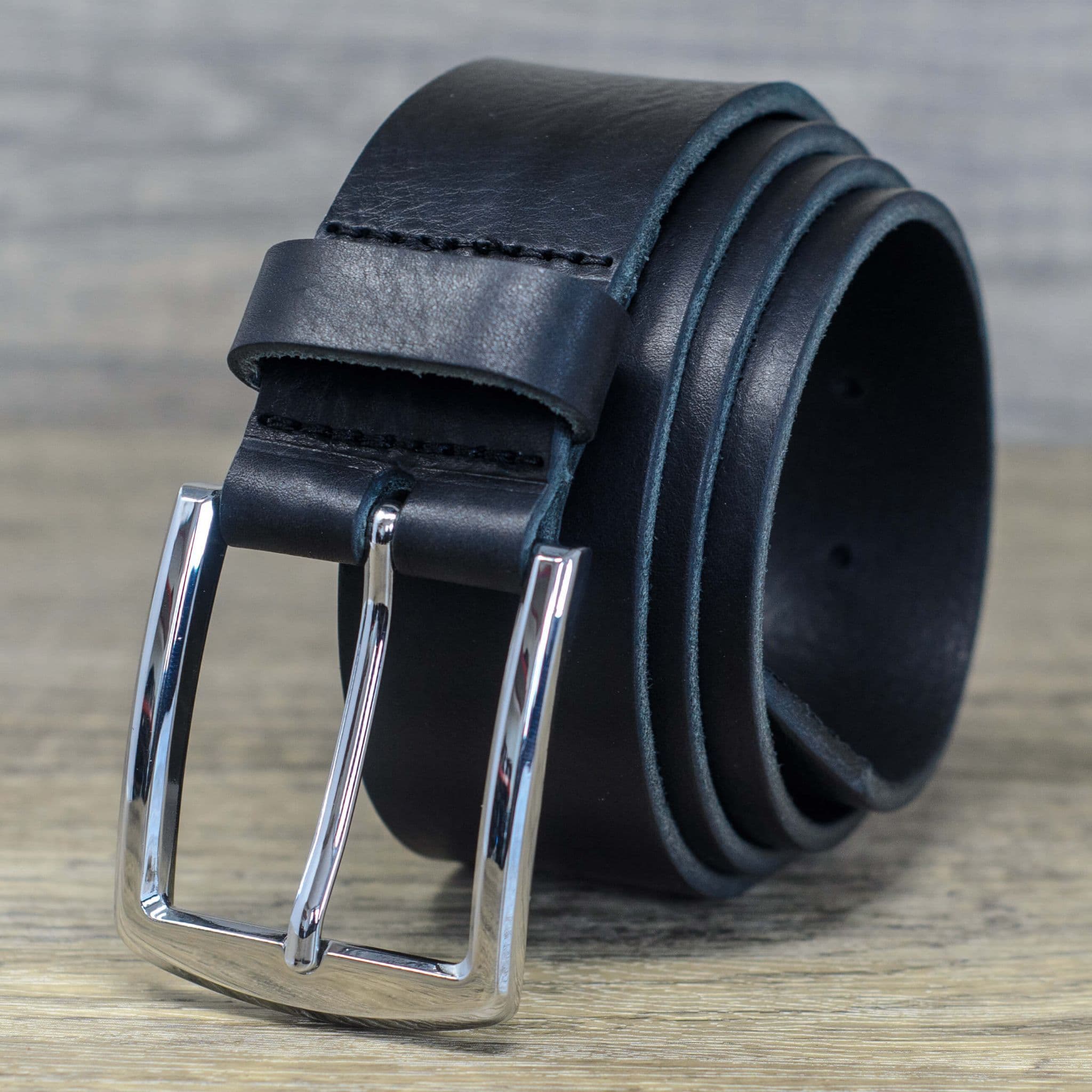 40mm Italian Real Full Grain Mens Leather Belt with Silver Buckle - Black