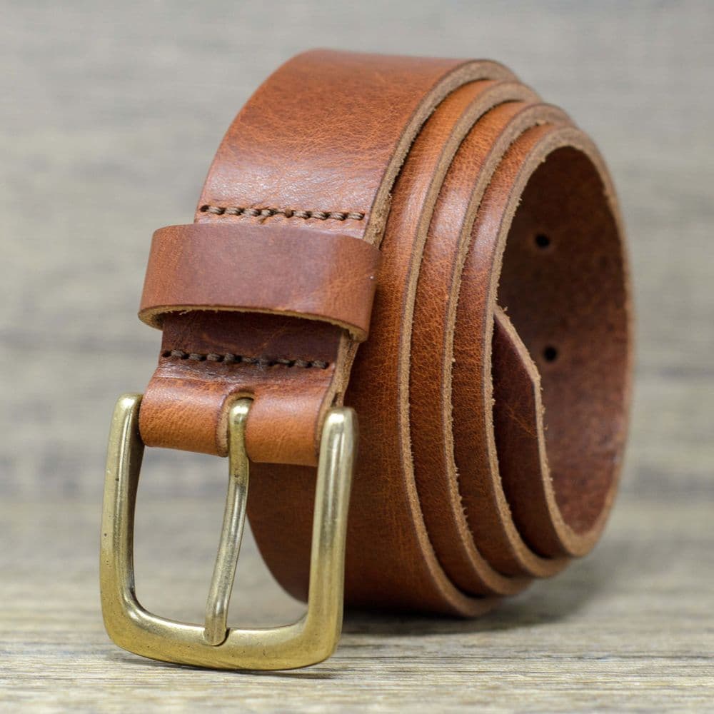 Italian 35mm Real Leather Belt with Brass Colour Buckle - Tan