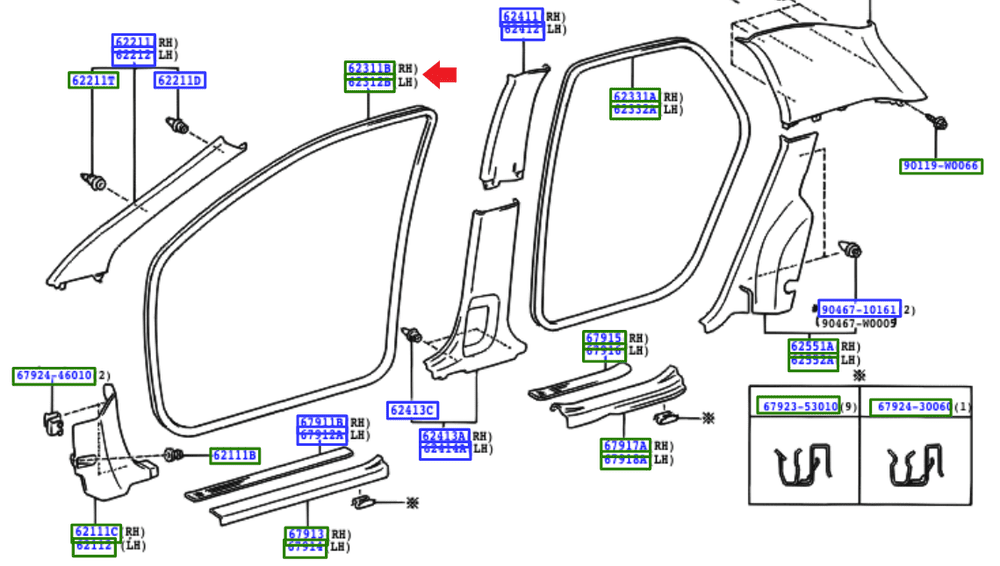 Genuine Toyota Front Door Rubber Seal LH 62312-12141-B1