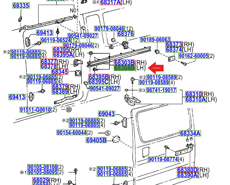 Genuine Toyota LH Centre Side Door Slide Rail 68304-26090