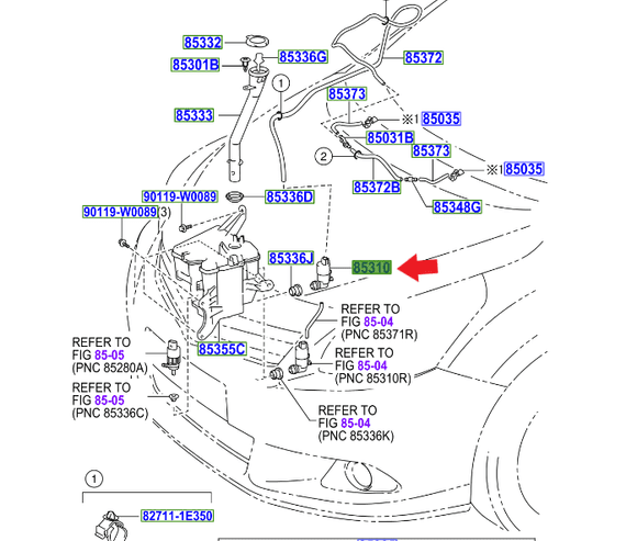 Genuine Toyota MOTOR AND PUMP ASSY WINDSHIELD WASHER 85330-0F011