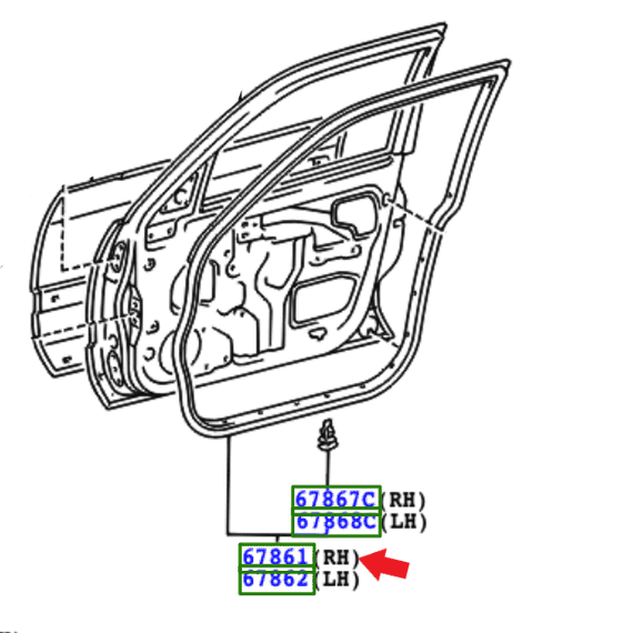 Genuine Toyota Weatherstrip Front Door Rh 67861-60101