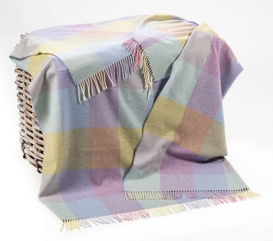 John Hanly 615 Lambswool Throw Pink Blue Yellow Lilac Block Check