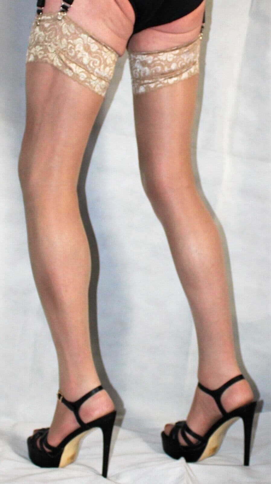 Stunning Extra Long Natural 10Denier Luxury Lace Top Glossy Effect Stockings