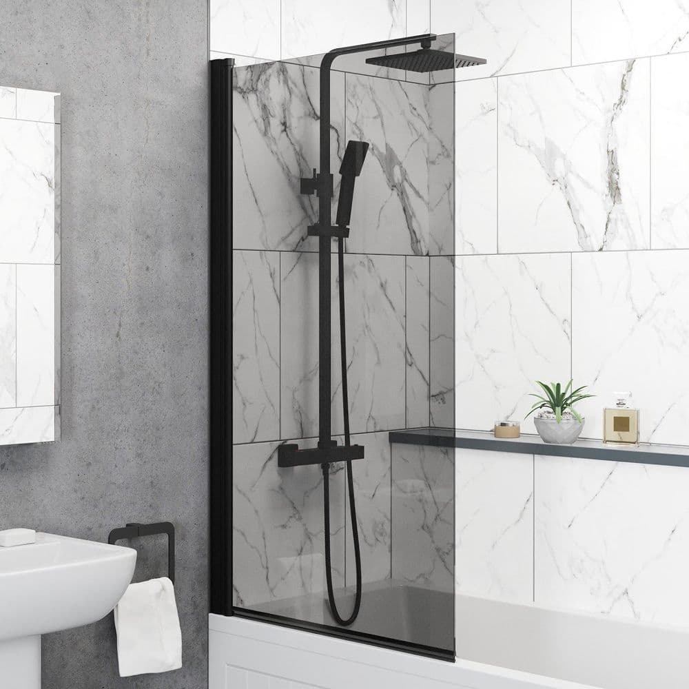 Square Hinged Frameless Black Tinted Bath Shower Screen 800mm