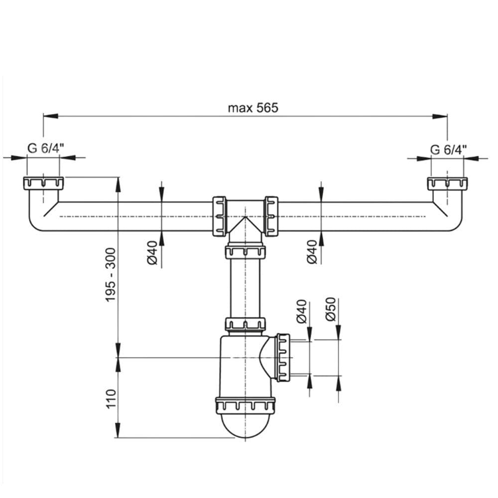 Alca Plast Double-Sink Waste & Trap DN40/50 With G 6/4" Union Nuts A448 ...