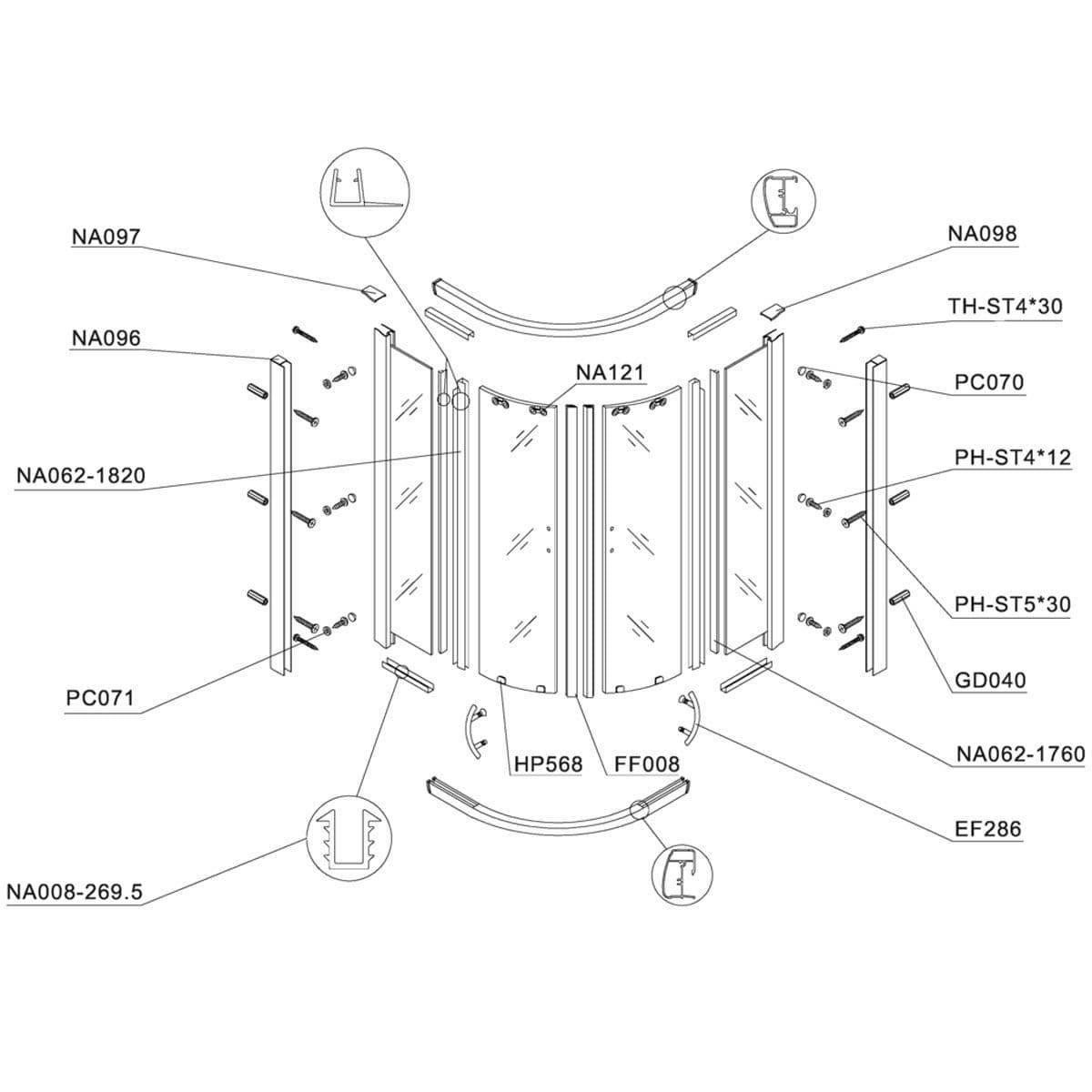 Bristan Java 4 Part Sliding Quadrant - 900 x 900mm Spare Parts