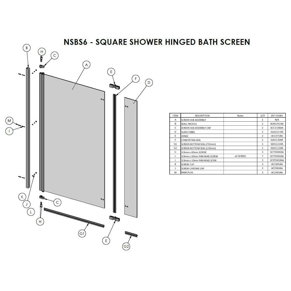 Premier Bathrooms Square Shower Hinged Bath Screen NSBS6 Spare Parts