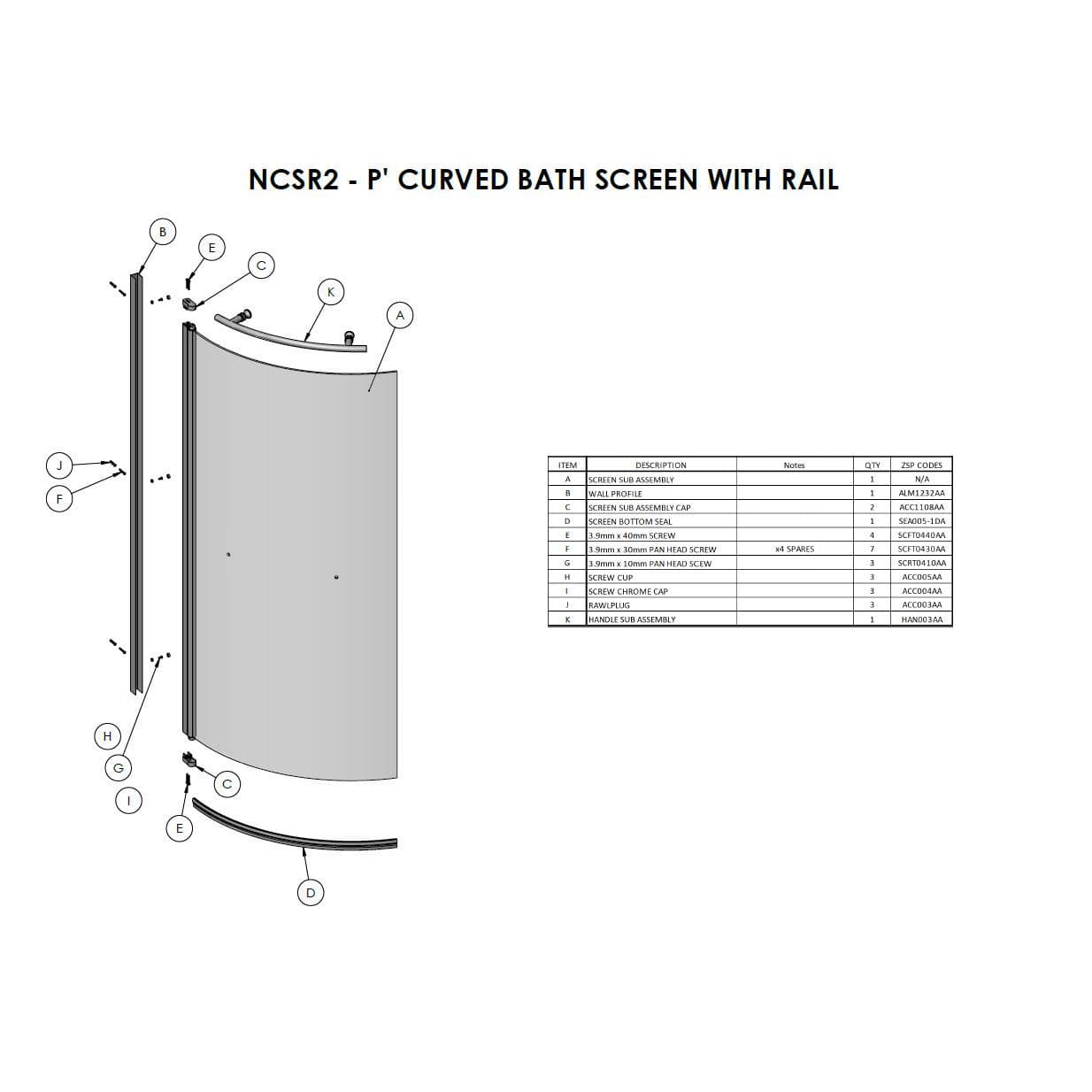 Premier Showers P Shape Curved Bath Shower Screen with Rail NCSR2 Spare ...