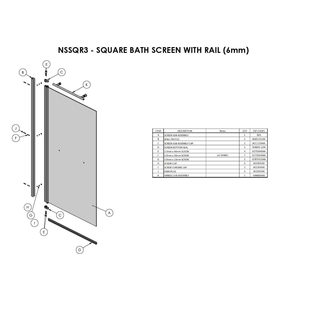 Premier Showers Square Bath Screen With Rail NSSQR3 Spare Parts