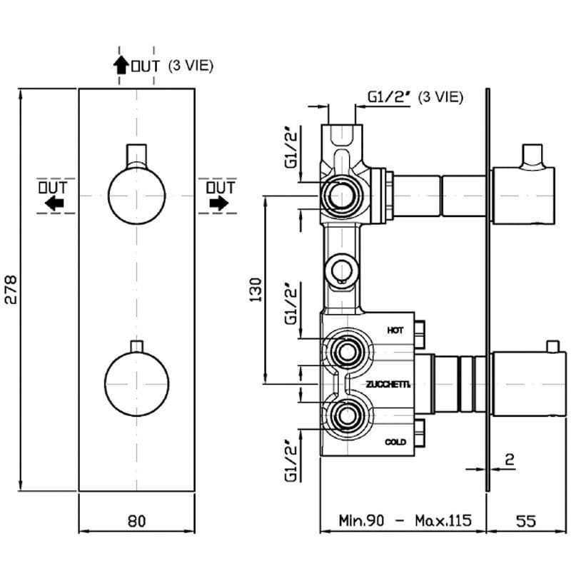 Zucchetti Pan 1/2 Built-In Thermostatic Shower Mixer ZT28646 - R97810 ...