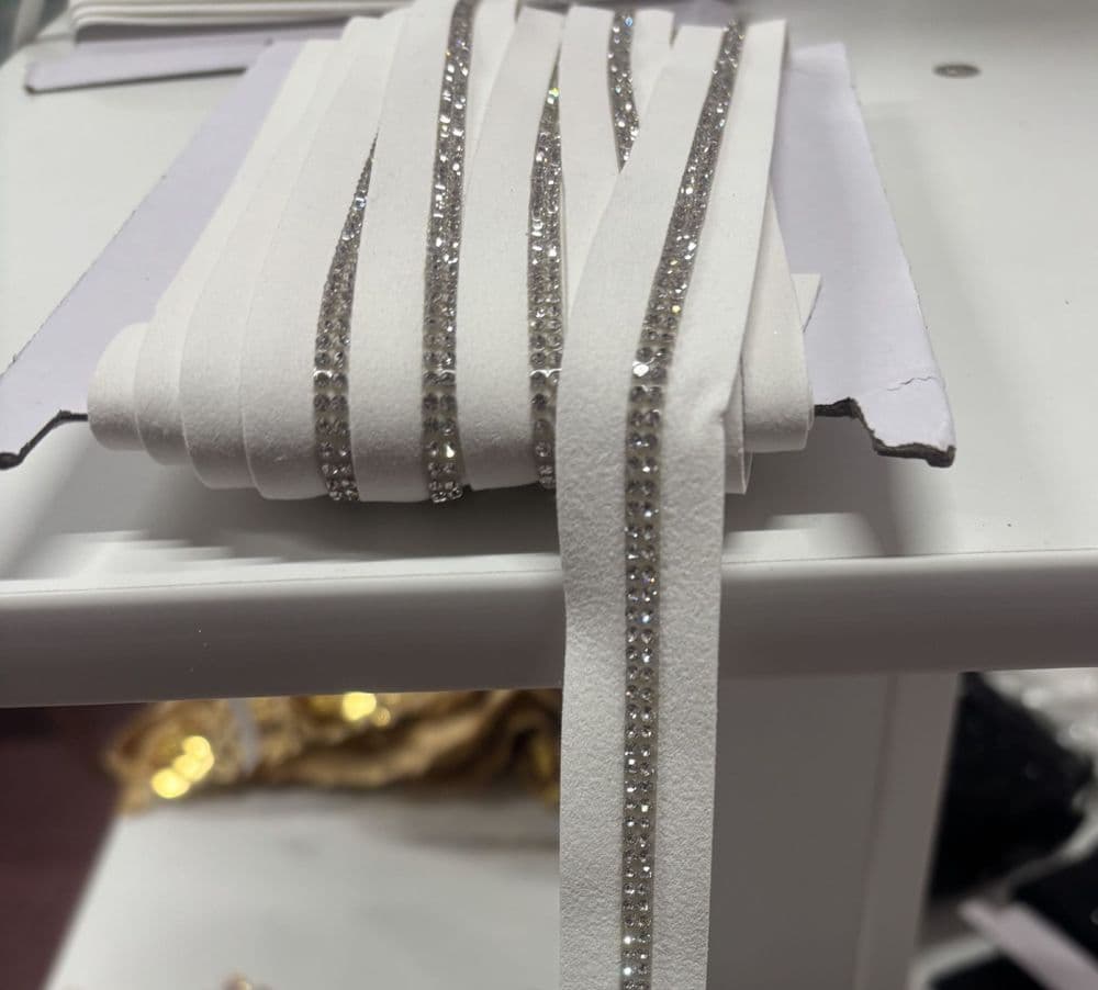 EIMASS Sew On Double Line Clear Crystals on White Bridging Lace Trim